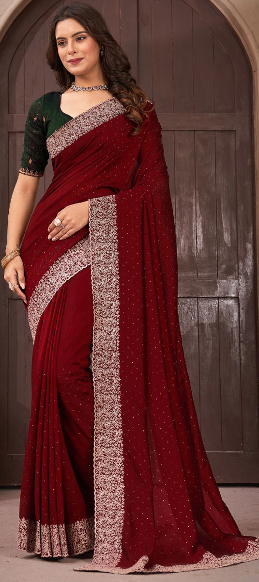 Party Wear, Traditional Red and Maroon color Art Silk, Silk fabric Saree : 1941850