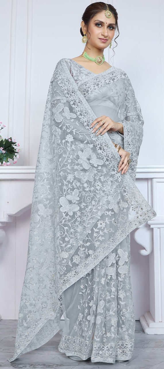 Engagement, Festive, Reception Black and Grey color Net fabric Saree ...