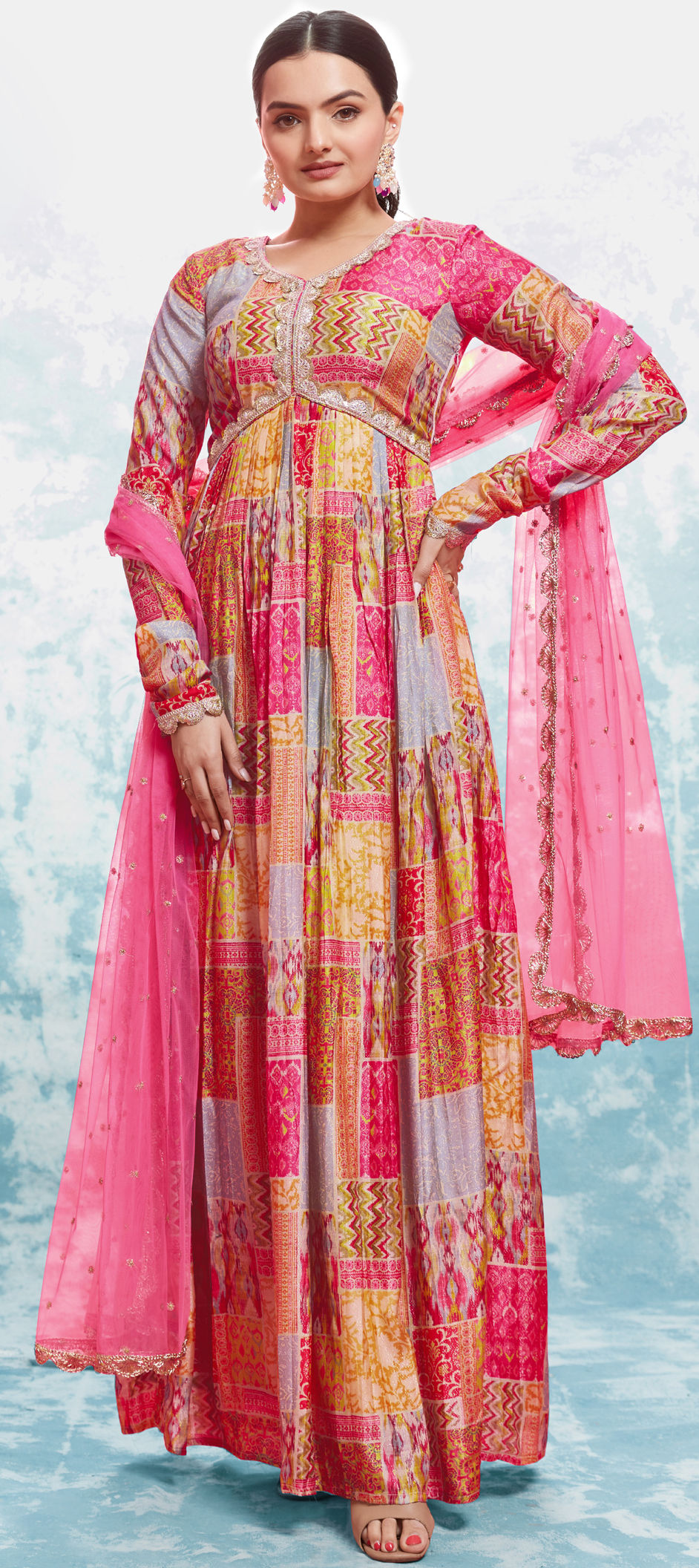 Festive, Mehendi Sangeet, Reception Multicolor color Muslin fabric Gown : 1947596