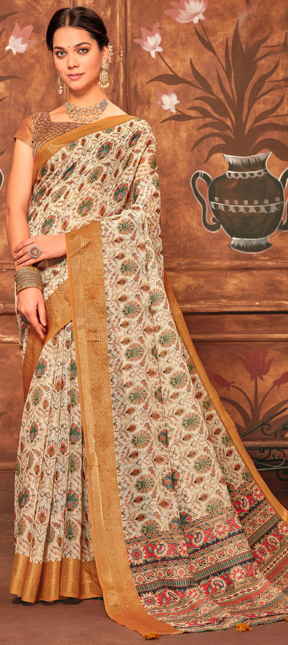 Festive, Traditional Beige and Brown color Cotton fabric Saree : 1947613