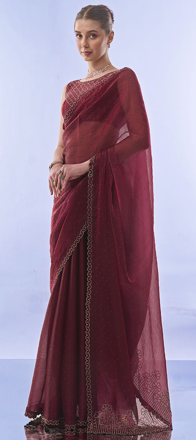 Engagement, Reception, Traditional Red and Maroon color Silk fabric Saree : 1949185