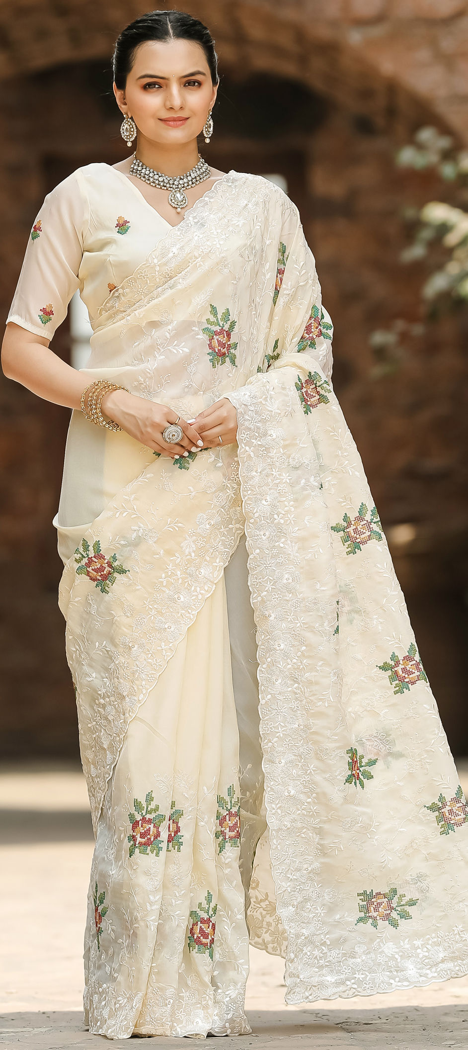 Festive, Reception, Wedding White and Off White color Chiffon fabric ...