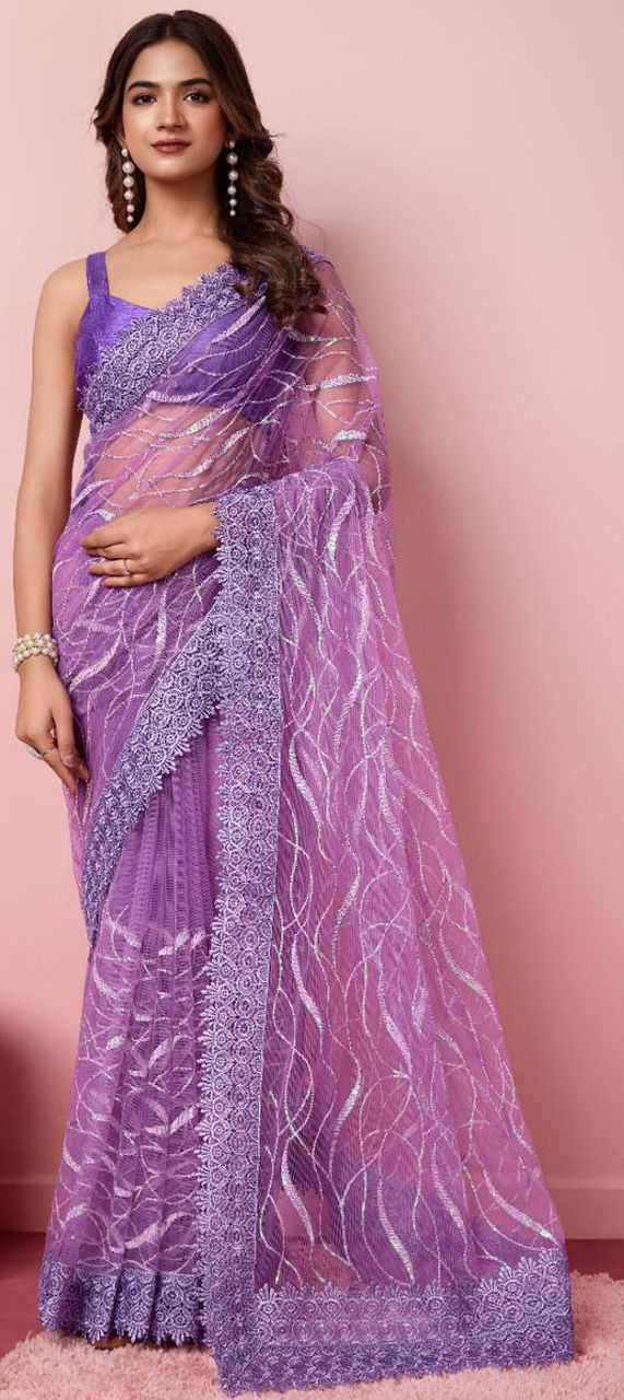 Festive, Party Wear, Reception Purple and Violet color Net fabric Saree ...
