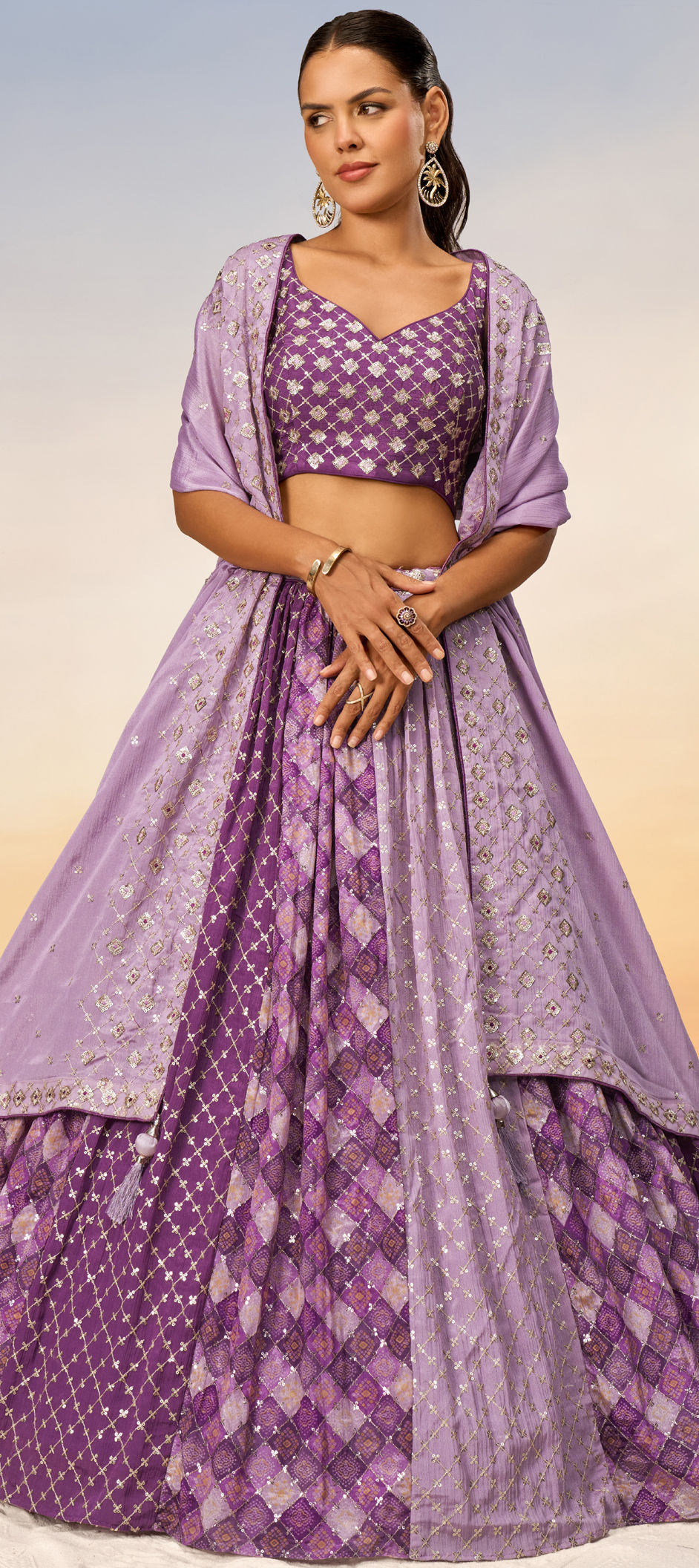 Bridal, Wedding Purple and Violet color Chiffon fabric Lehenga : 1952262