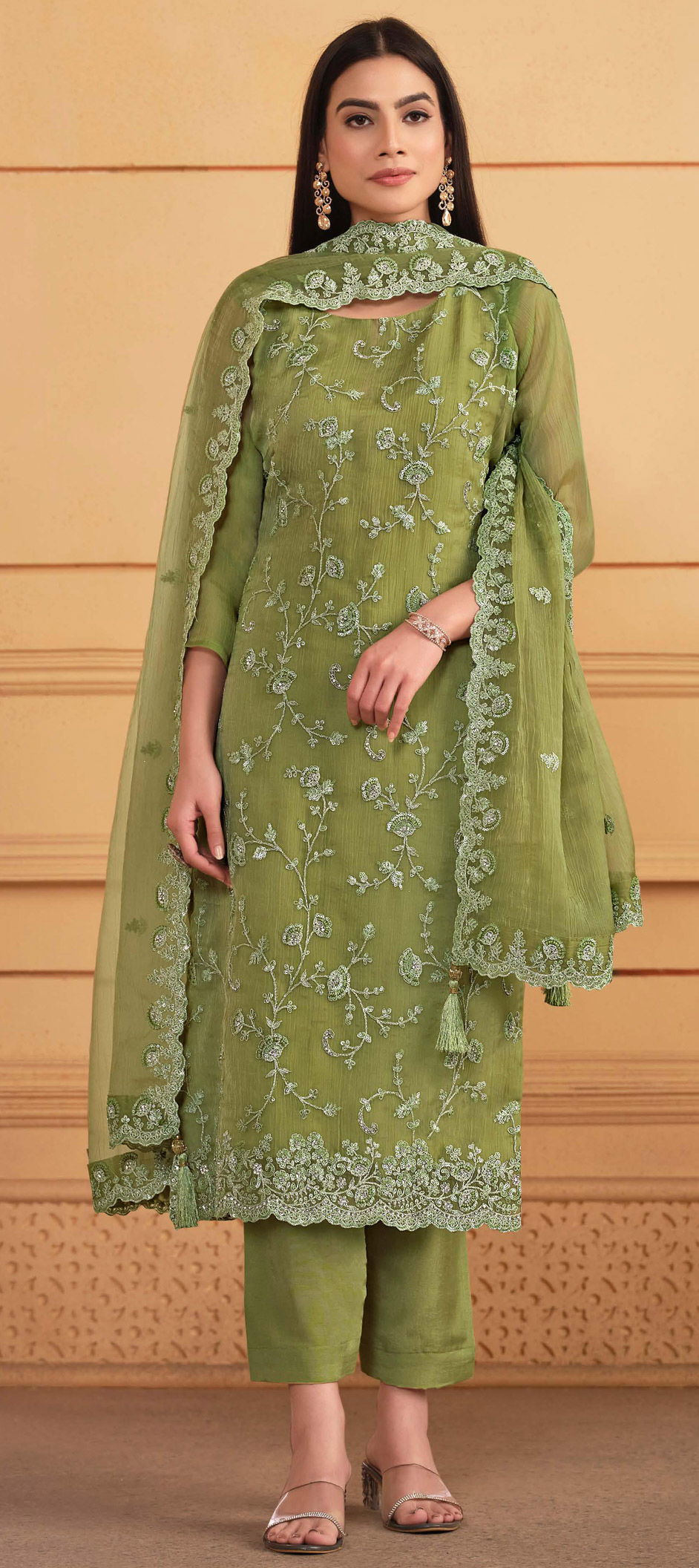 Festive, Mehendi Sangeet, Reception Green color Organza Silk fabric ...