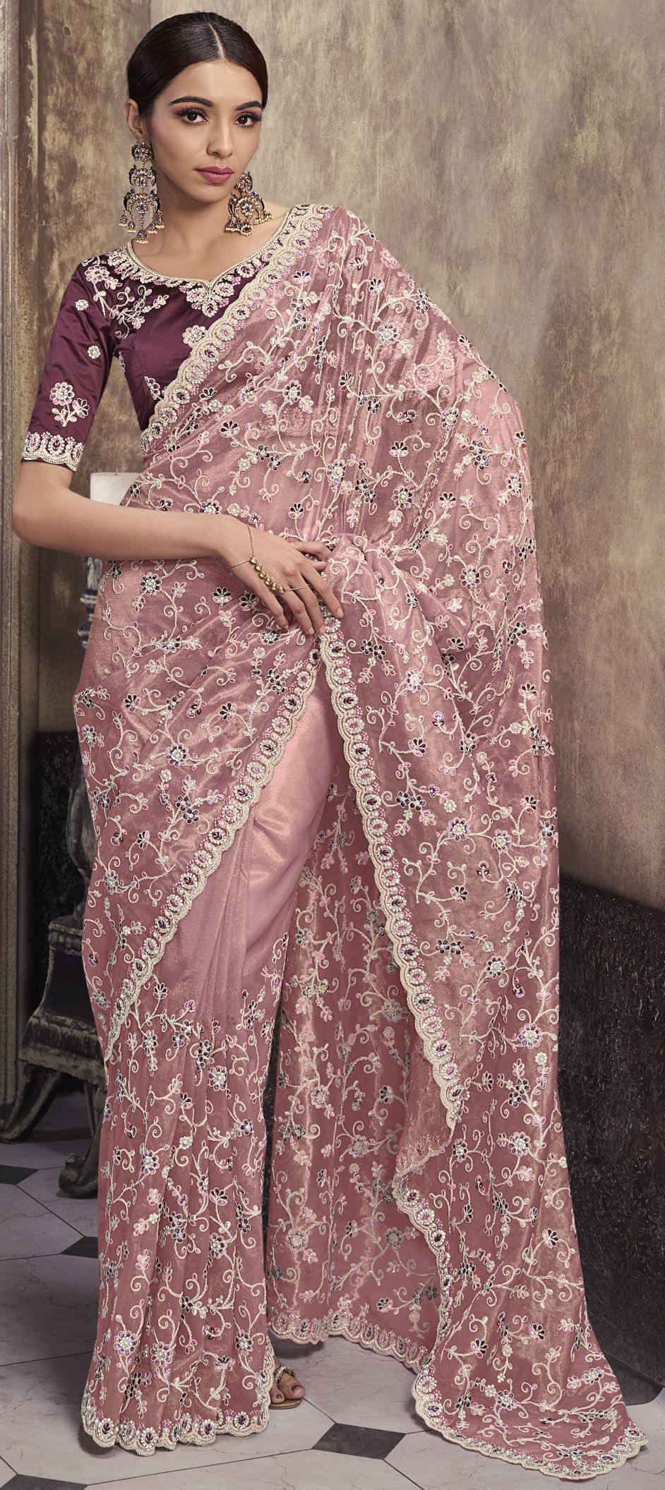 Engagement, Festive, Reception Purple and Violet color Net fabric Saree ...