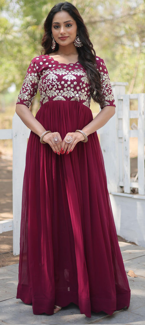 Festive, Party Wear, Reception Red and Maroon color Faux Georgette ...