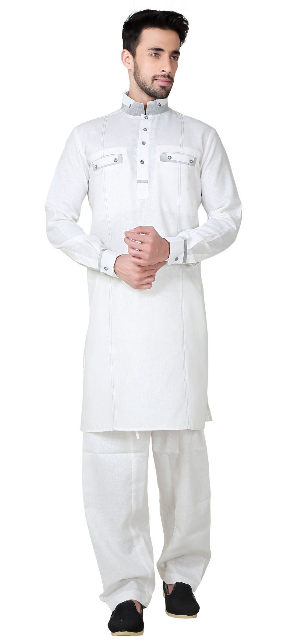 505991: White and Off White color Cotton, Linen fabric Pathani Suit