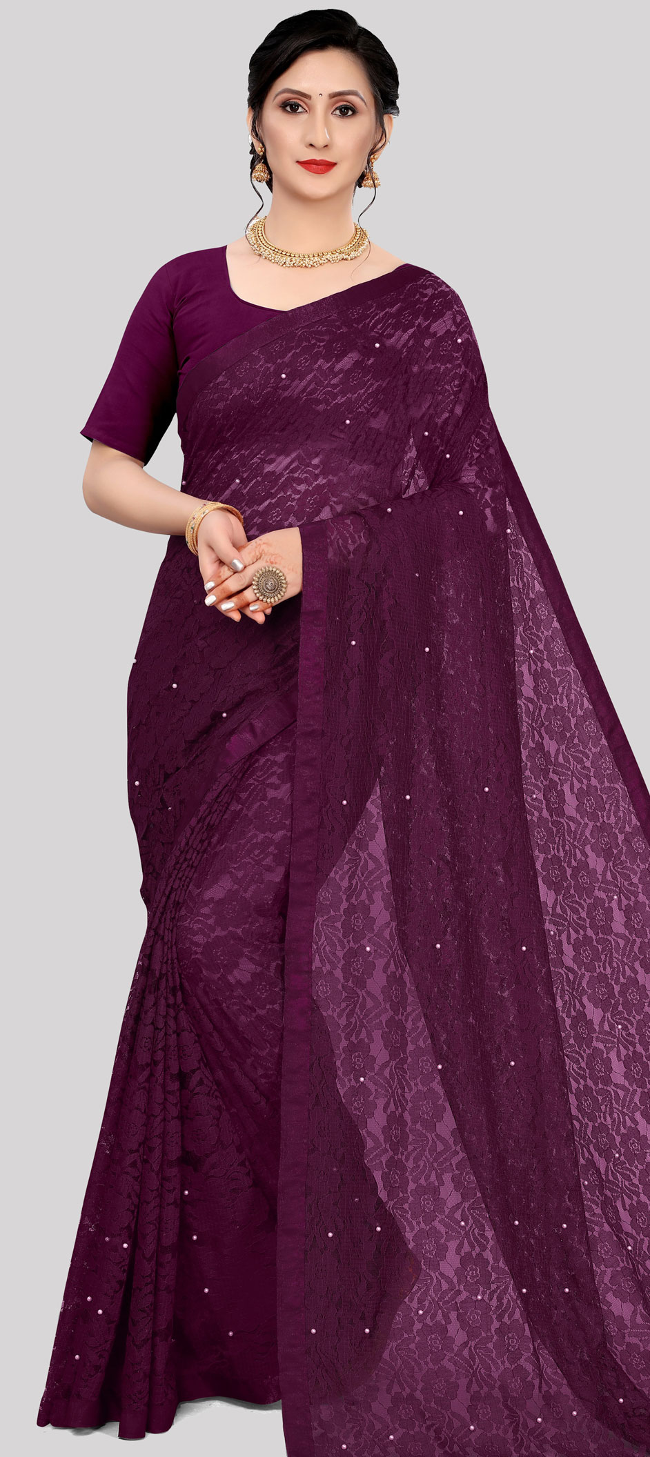 Festive, Party Wear Purple and Violet color Net fabric Saree : 1796020