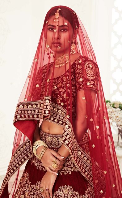 Bridal, Festive, Wedding Red and Maroon color Velvet fabric Lehenga ...