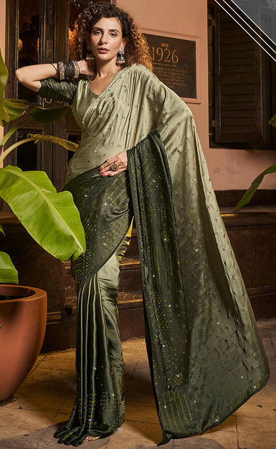 Party Wear, Traditional Green color Satin Silk, Silk fabric Saree : 1906681