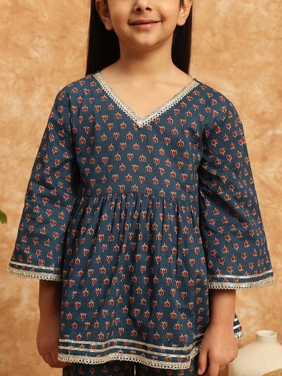 Festive, Summer Blue color Cotton fabric Girls Top with Bottom : 1929880
