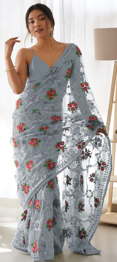 Engagement, Festive, Reception Black and Grey color Net fabric Saree ...