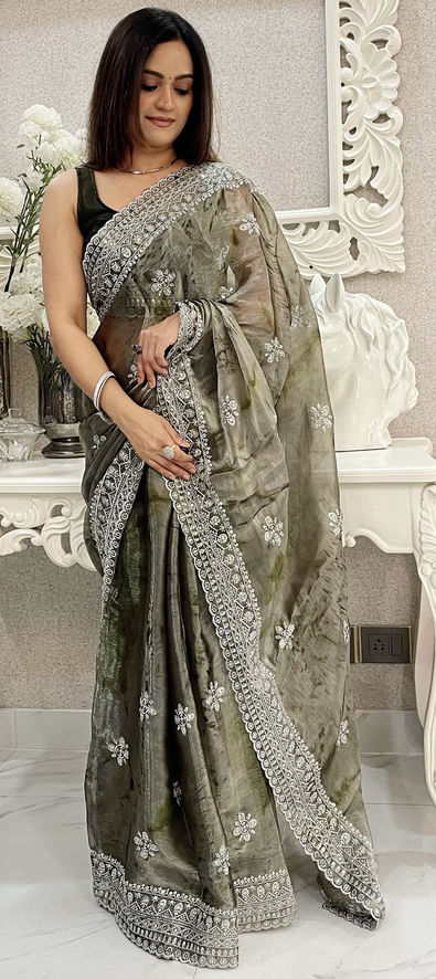 Festive, Reception, Traditional Green color Organza Silk fabric Saree ...