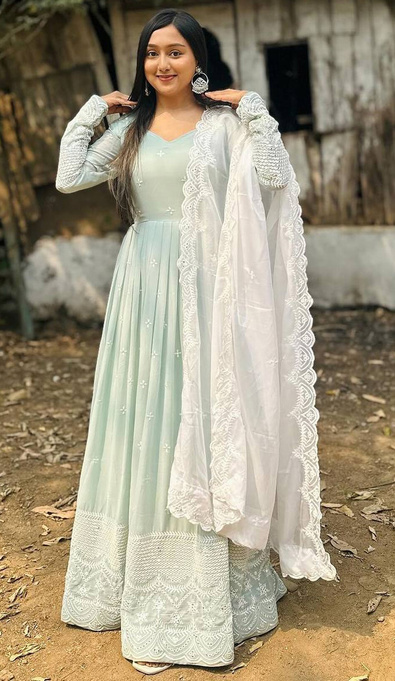 Festive, Party Wear, Reception Green color Faux Georgette fabric Gown ...