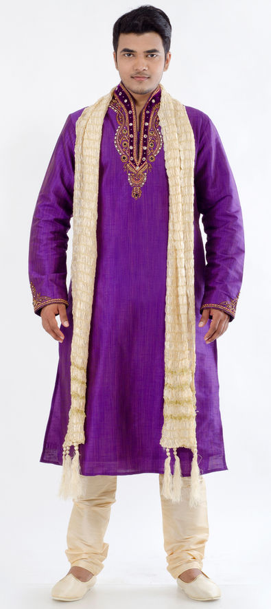 Purple and Violet color Jacquard, Raw Dupion Silk fabric Kurta Pyjamas ...