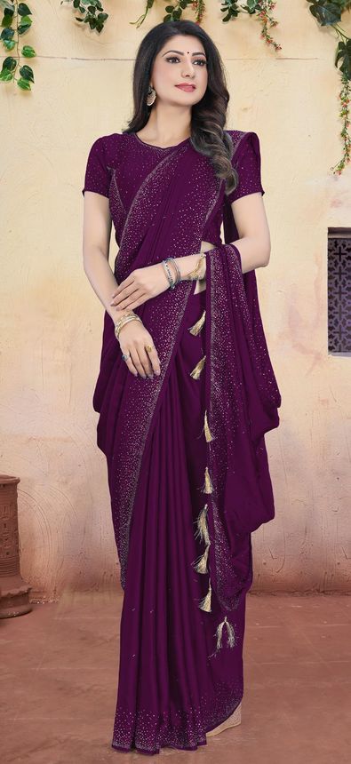 Traditional Purple and Violet color Satin Silk, Silk fabric Saree : 1787895