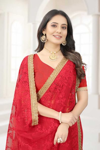Party Wear, Reception Red and Maroon color Net fabric Saree : 1819145