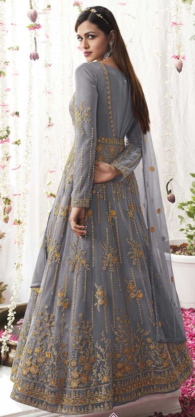 Festive, Party Wear Black and Grey color Net fabric Salwar Kameez : 1839961
