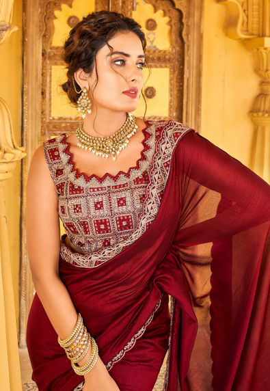 Party Wear, Traditional Red and Maroon color Art Silk, Silk fabric Saree : 1856546