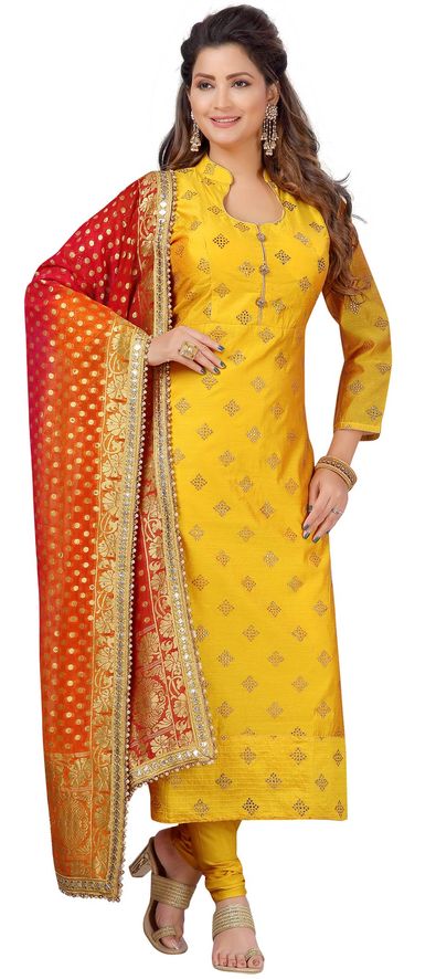 Festive, Mehendi Sangeet Yellow color Chanderi Silk fabric Salwar ...
