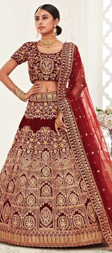 Bridal, Festive, Wedding Red and Maroon color Velvet fabric Lehenga ...