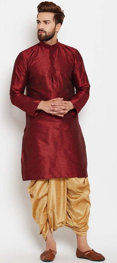 Red and Maroon color Dupion Silk fabric Dhoti Kurta : 1777999