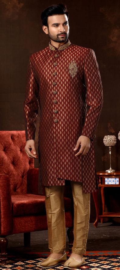 Red and Maroon color Jacquard fabric Sherwani : 1782096