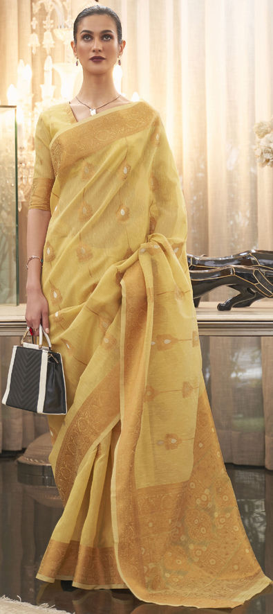 Traditional Yellow color Linen fabric Saree : 1791942