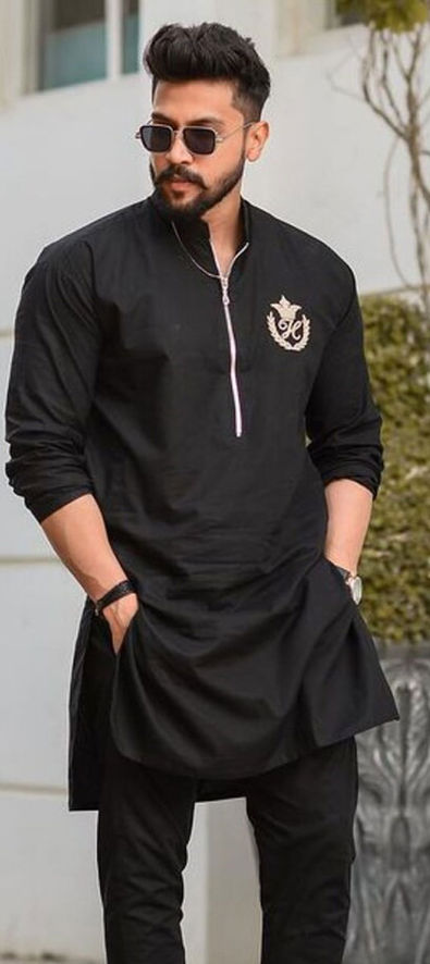 Black and Grey color Cotton fabric Kurta : 1817662