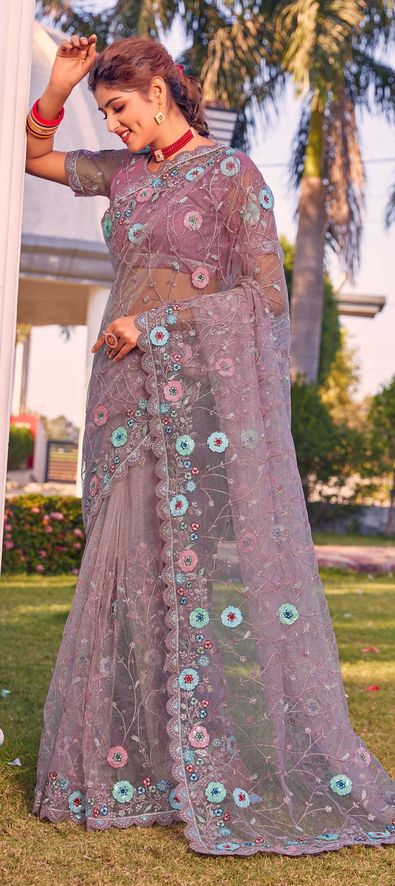 Reception, Wedding Purple and Violet color Net fabric Saree : 1854216