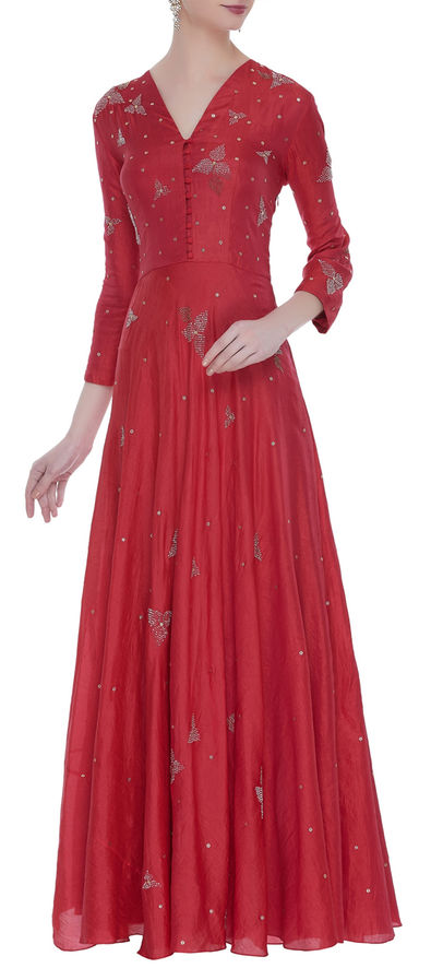 Designer, Party Wear Red and Maroon color Chanderi Silk fabric Gown ...