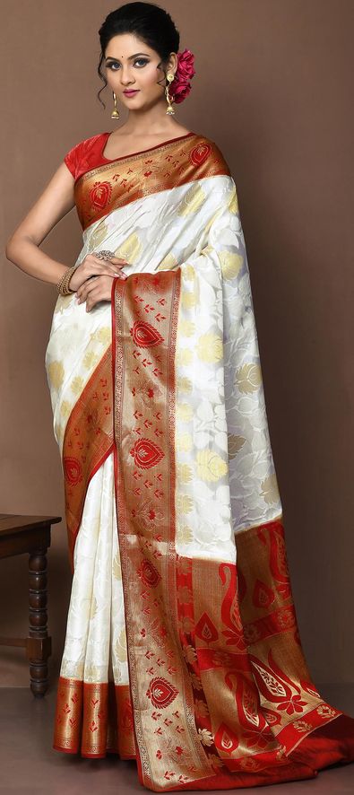 Bridal, Traditional, Wedding White and Off White color Silk fabric ...