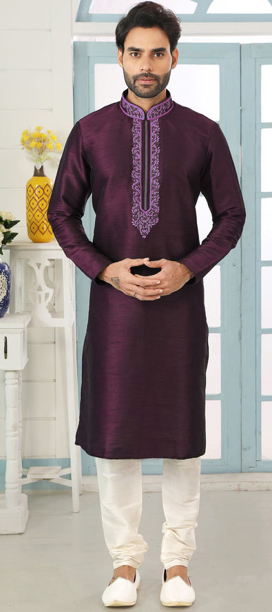 Party Wear Purple and Violet color Dupion Silk fabric Kurta Pyjamas ...