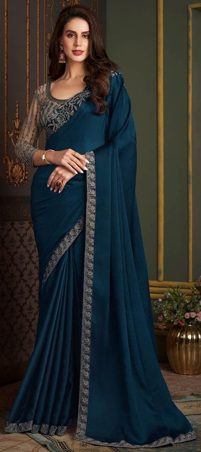 Engagement, Reception, Wedding Blue color Chiffon fabric Saree : 1929612