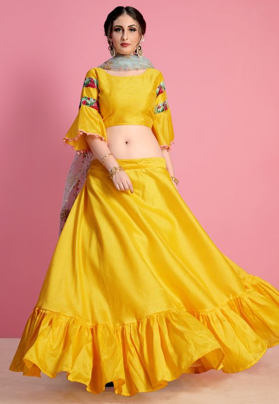 1512455: Wedding Yellow color Semi Velvet fabric Lehenga