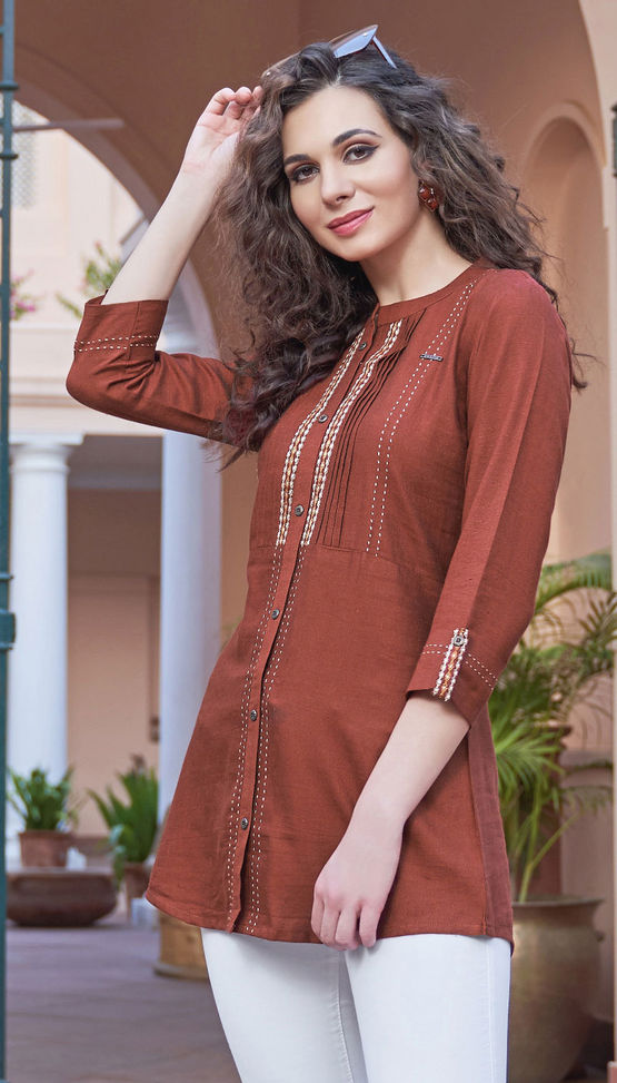 Casual Beige and Brown color Rayon fabric Tops and Shirts : 1591983