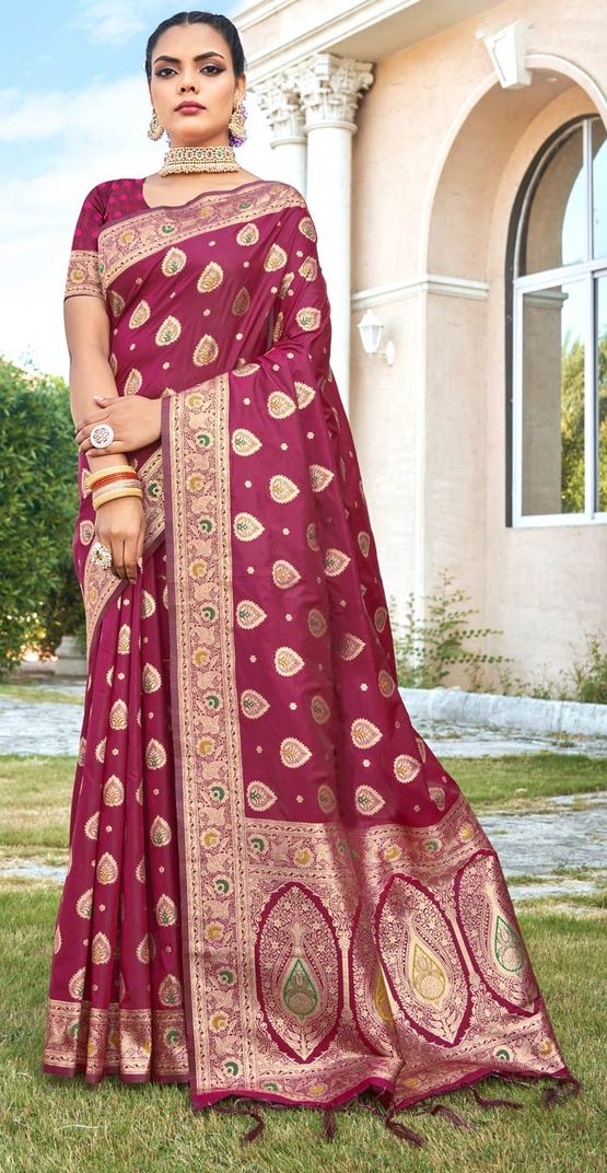 Festive, Traditional Red and Maroon color Banarasi Silk, Silk fabric ...
