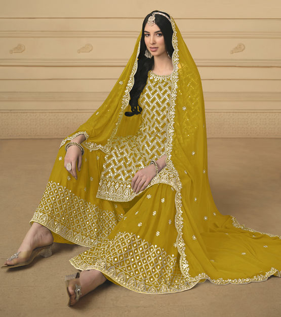 Festive, Party Wear, Reception Yellow color Faux Georgette fabric ...