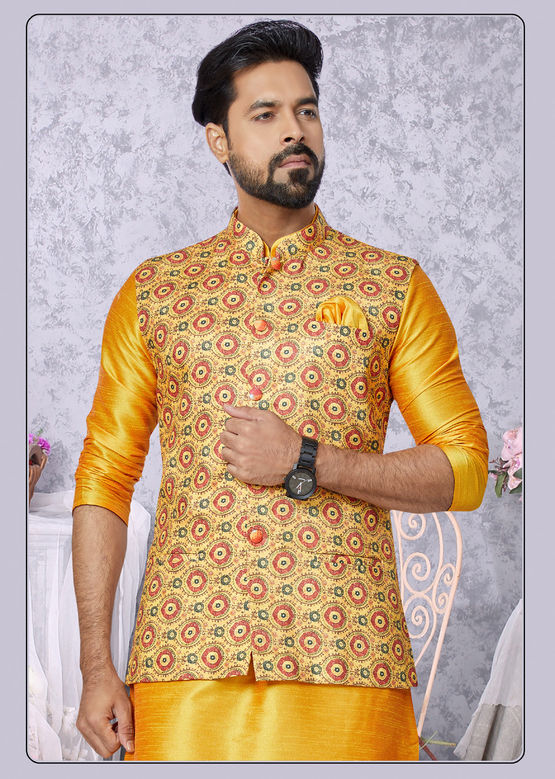 Party Wear Yellow color Cotton fabric Nehru Jacket : 1945301