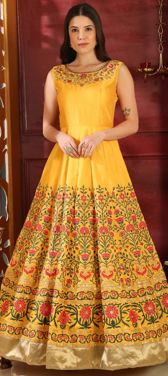 Party Wear, Reception Yellow color Silk fabric Gown : 1570873