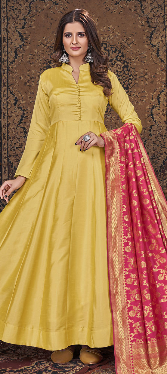 Engagement, Party Wear, Reception Yellow color Art Silk fabric Gown ...