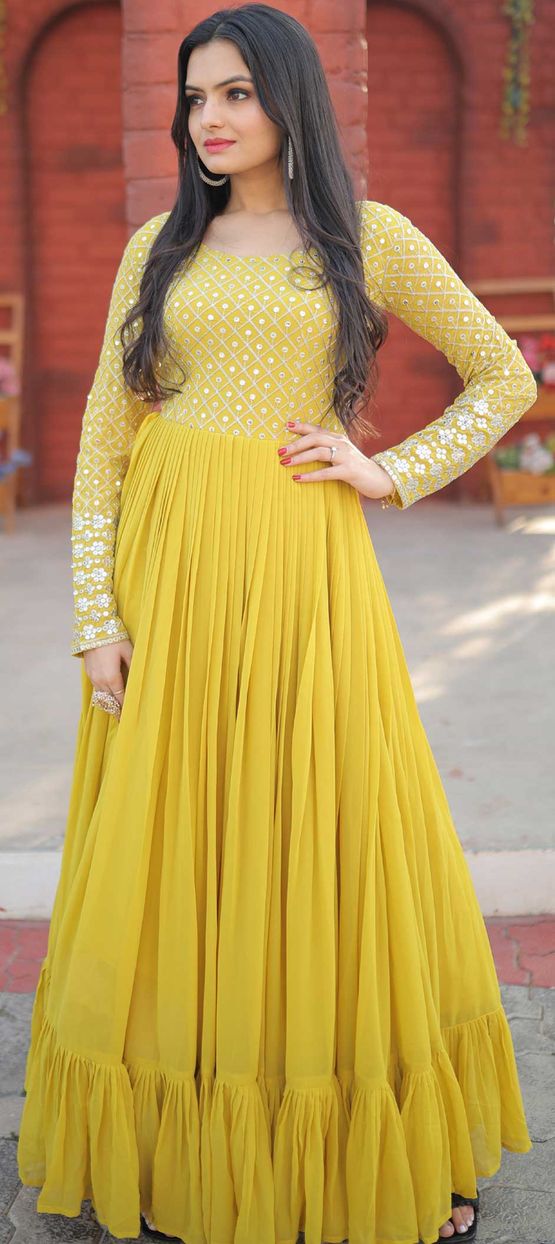 Party Wear, Reception Yellow color Georgette fabric Gown : 1857243