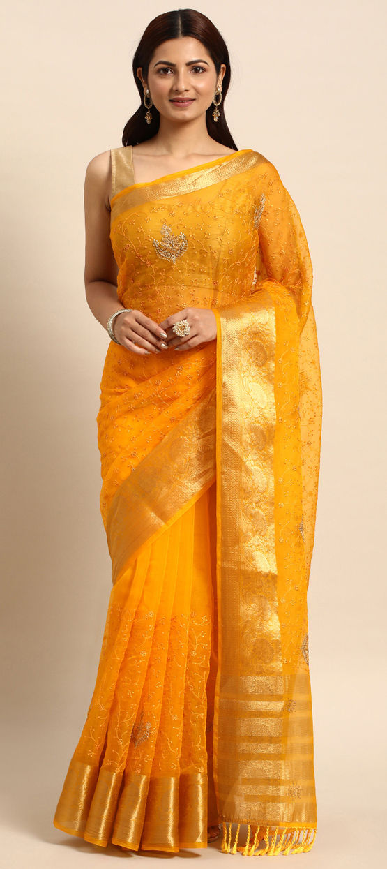 Party Wear, Reception Yellow color Organza Silk, Silk fabric Saree ...