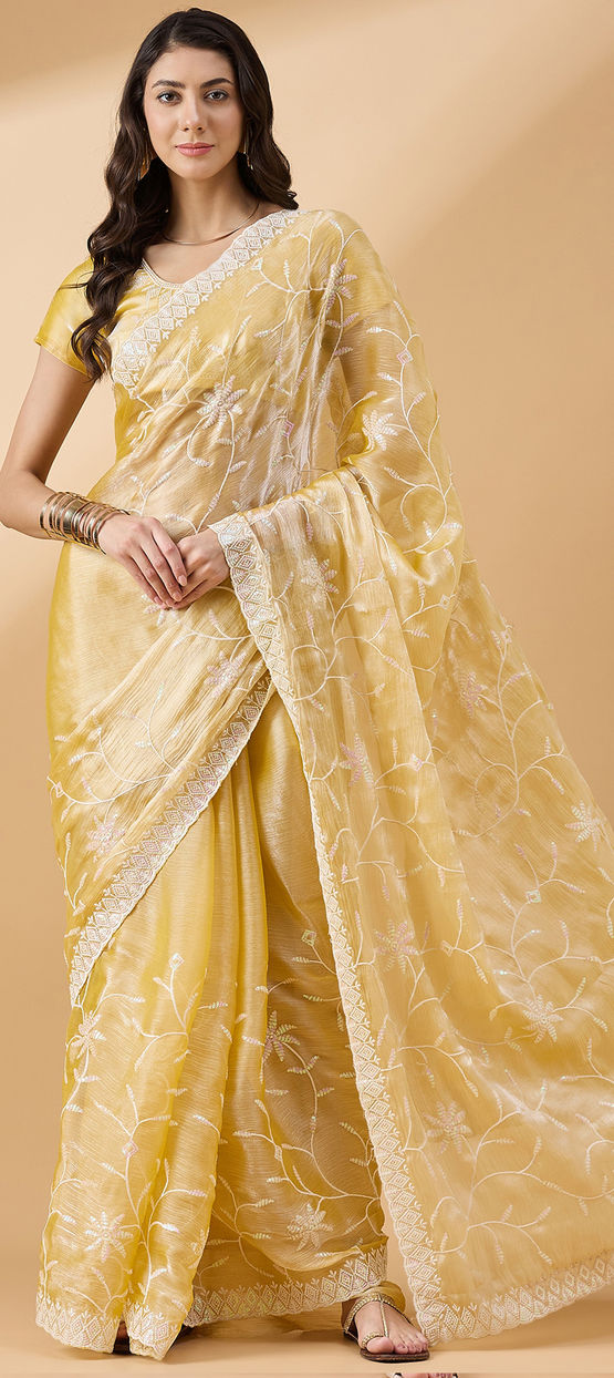 Party Wear, Traditional Yellow color Tissue fabric Saree : 1948842