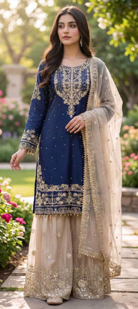 Festive, Party Wear, Reception Blue color Chinon Silk fabric Salwar ...