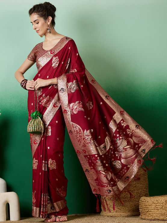 Festive, Traditional Red and Maroon color Art Silk fabric Saree : 1953832
