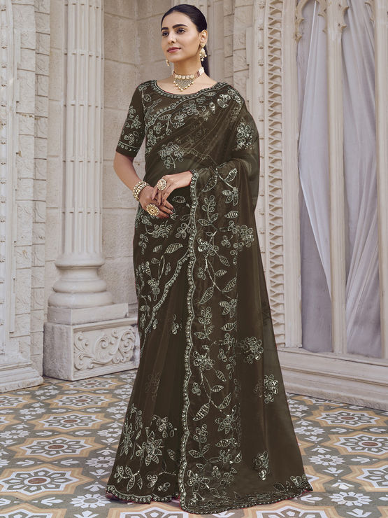 Engagement, Festive, Reception Black and Grey color Net fabric Saree ...