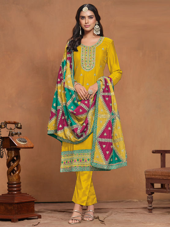 Festive, Party Wear, Reception Yellow color Silk fabric Salwar Kameez ...