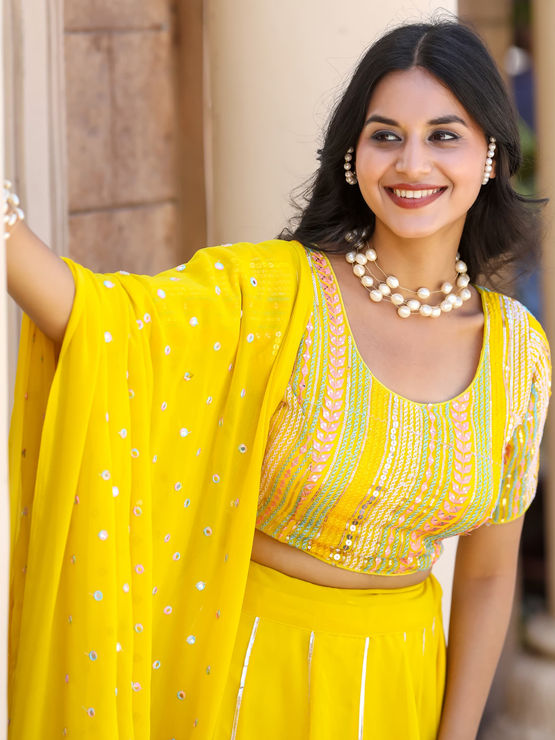 Engagement, Festive, Reception Yellow color Georgette fabric Lehenga ...